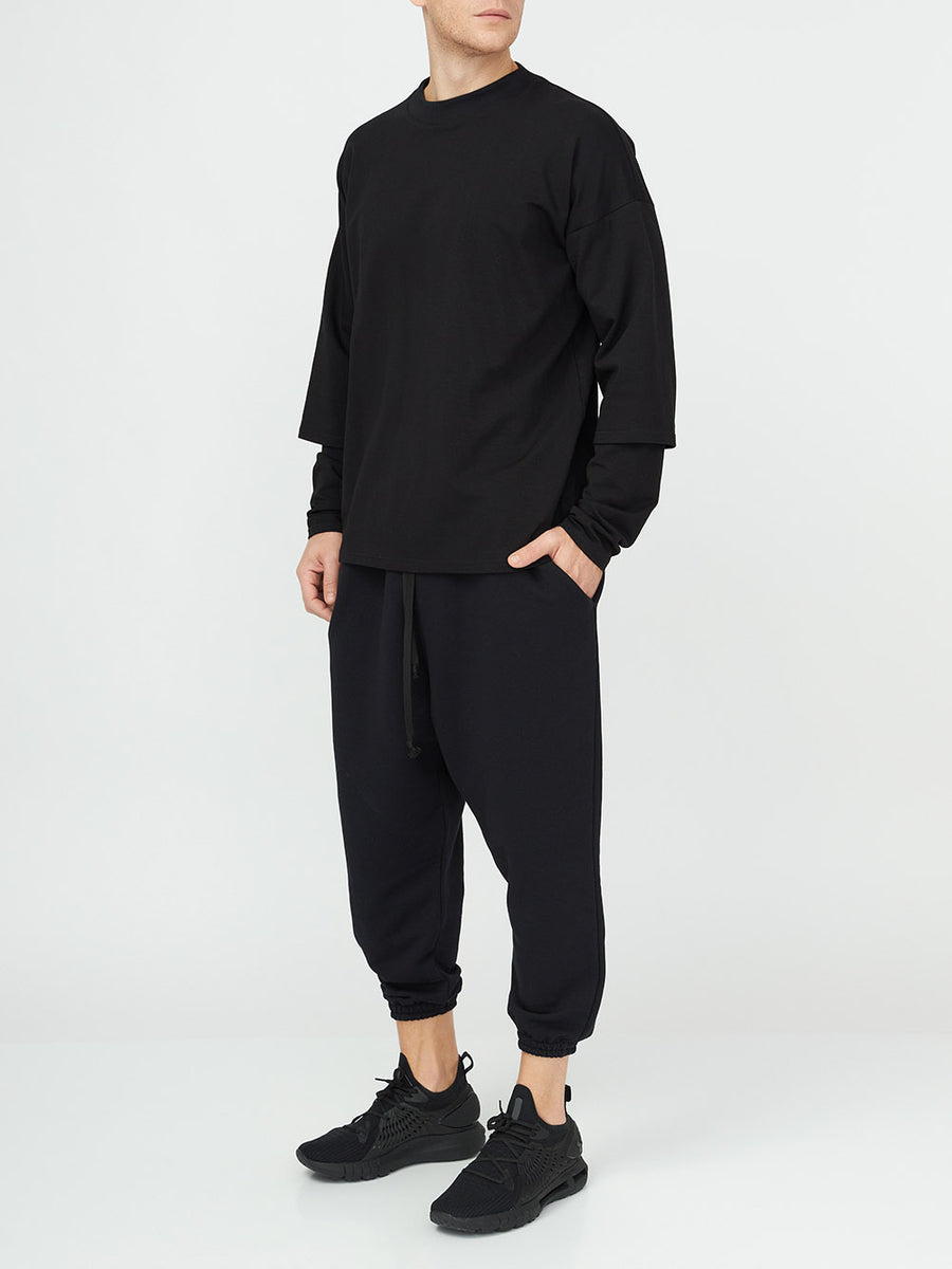Elastic Edge Drawstring Trousers Details : drawstring-waist black cott ...